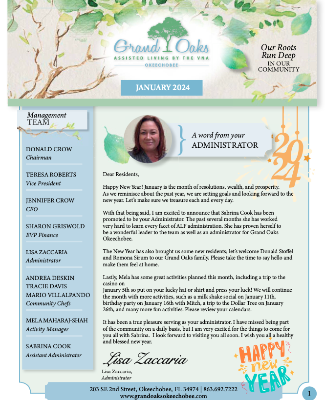 Newsletter | Grand Oaks of Okeechobee | Assisted Living Facility