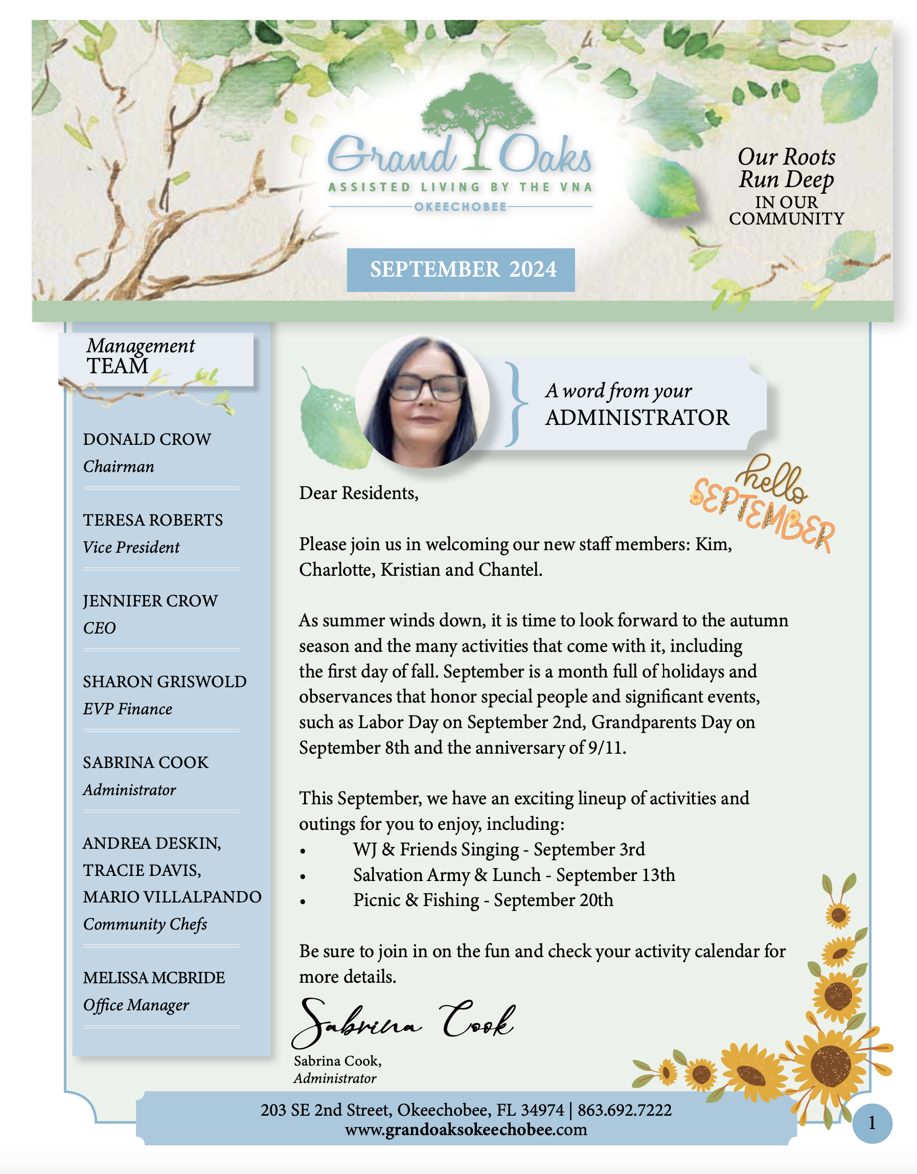 Newsletter | Grand Oaks of Okeechobee | Assisted Living Facility