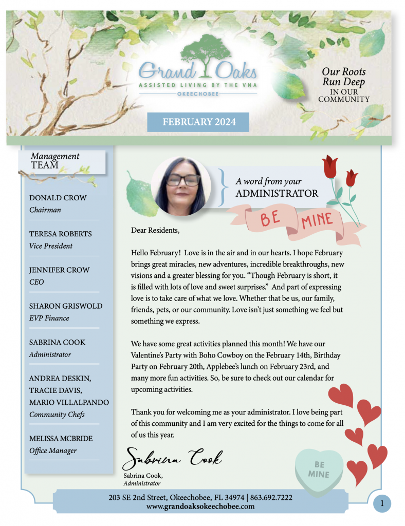 Newsletter | Grand Oaks of Okeechobee | Assisted Living Facility