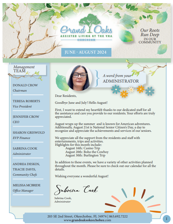 Newsletter | Grand Oaks of Okeechobee | Assisted Living Facility