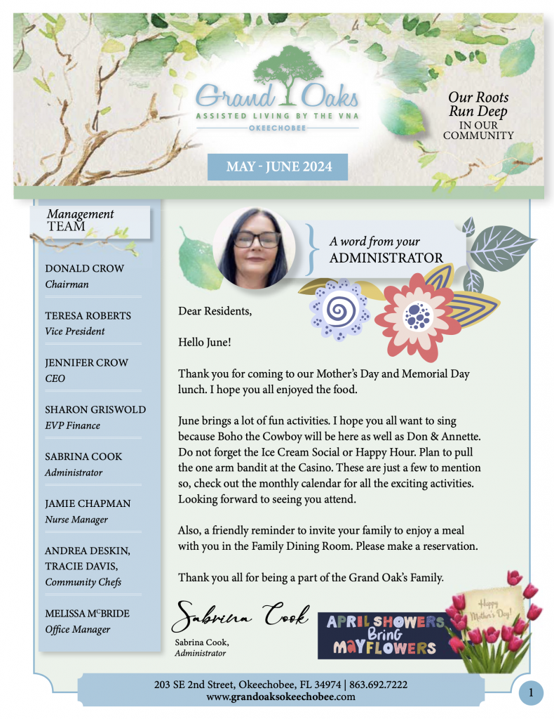 Newsletter | Grand Oaks of Okeechobee | Assisted Living Facility