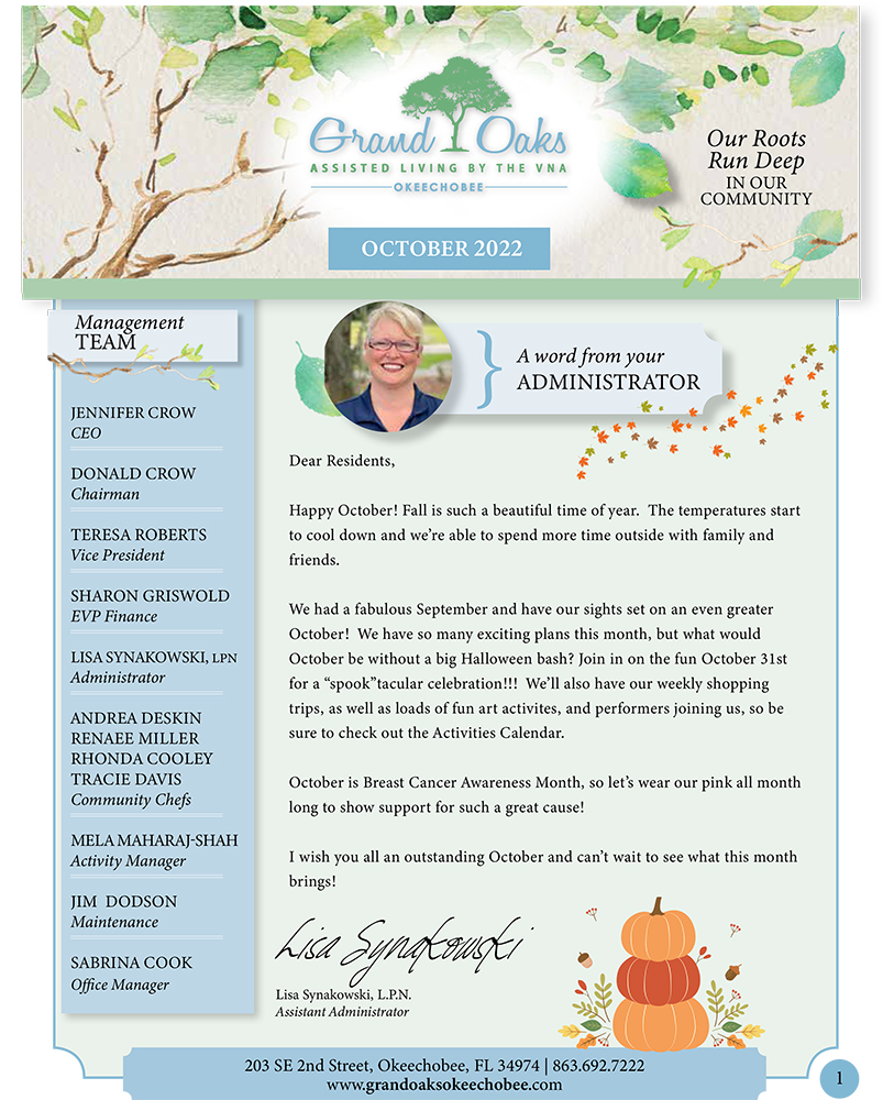 Newsletter | Grand Oaks of Okeechobee | Assisted Living Facility
